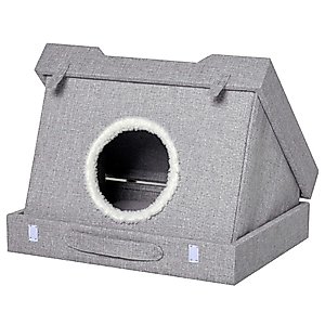 PawHut Cat House Foldable 2 in 1 Design Condo Pet Bed with Removable Washable Cushions Scratching Pad, Grey