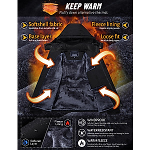 TACVASEN Winter Jacket for Men Skiing Warm Fleece Jackets Hooded Water Resistant Rain Jacket Black Thermal Snowboarding Jacket Windbreaker for Cold Weather