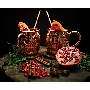 Moscow Mule Copper Mugs Set - 4 Authentic Handcrafted Copper Mugs (16 oz.) with 2 oz. Shot Glass, 4 Straws, 4 Solid Wood Coasters and Recipe Book - Gift Box Included
