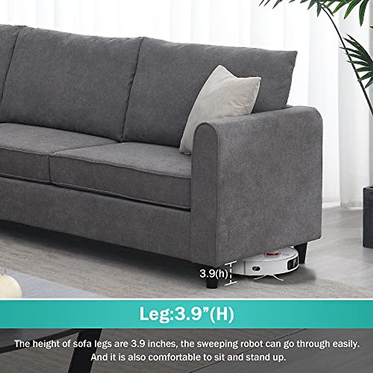 MOEO Living Room L Shape Sectional Sofa with 3 Pillows, 88" Modern Upholstered Fabric Corner Couch with for Home Furniture, Grey