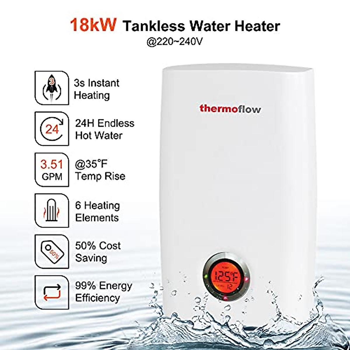 Thermoflow Tankless Water Heater Electric, 24kW at 240 Volts on Demand Instant Endless Hot Water Heater with Self Modulating Temperature Technology for Whole House Shower, CSA Listed