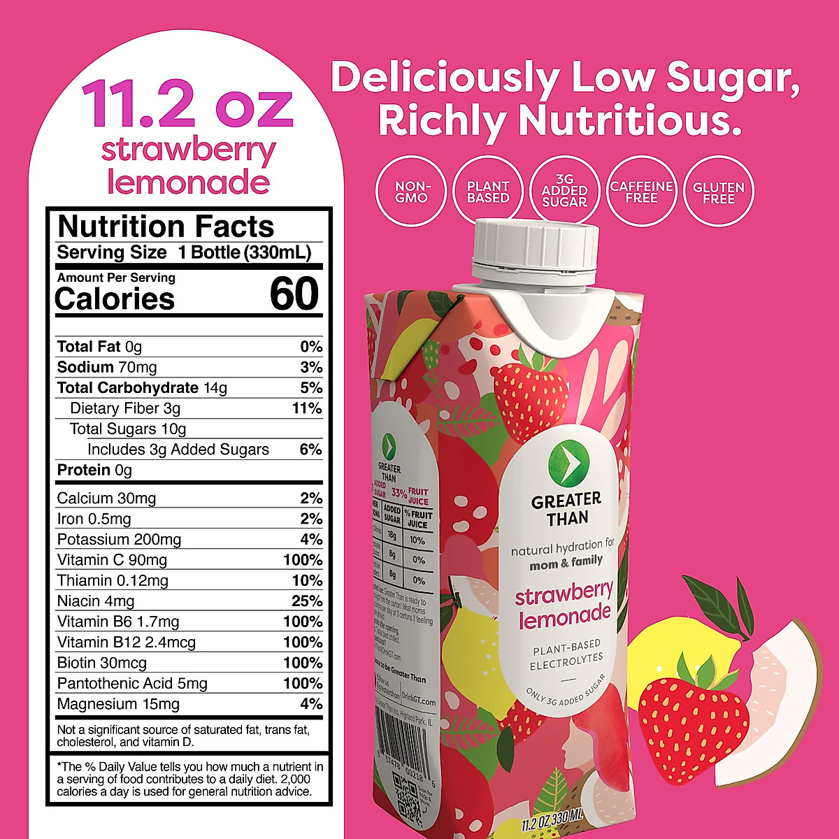 Greater Than Lactation Supplement Support, Coconut Water, Vitamins & Electrolyte Drink for Breastfeeding & Immune Support, Lactation Cookies Alt, Gluten Free, Low Sugar, 12 Pack, Strawberry Lemonade
