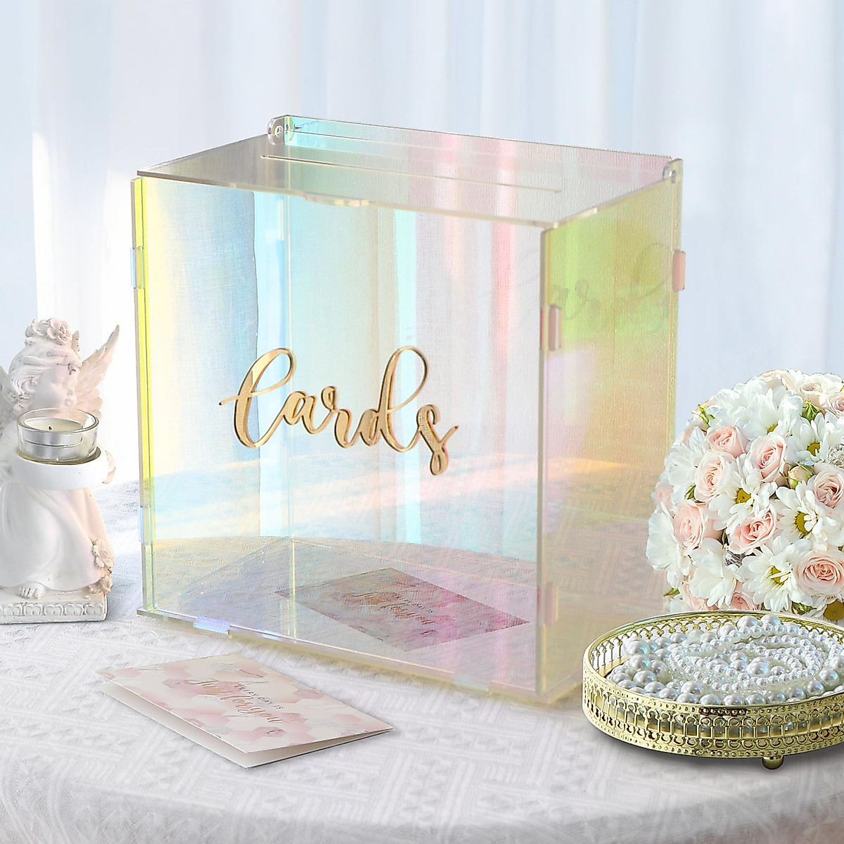 OurWarm Iridescent Acrylic Wedding Card Box with String Light, DIY Gift Card Box for Wedding Reception, Wedding Envelope Money Card Box Holder for Party Graduation Baby Shower Birthday Decorations