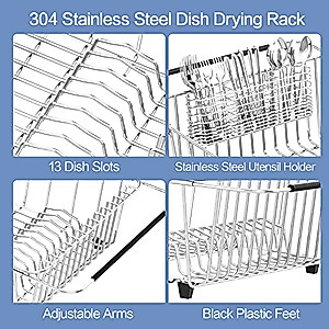 Jobemin Dish Drainer Rack in Sink Adjustable, Expandable 304 Stainless Steel Metal Dish Drying Rack Organizer with Stainless Steel Utensil Holder Over Inside Sink Counter, Rustproof