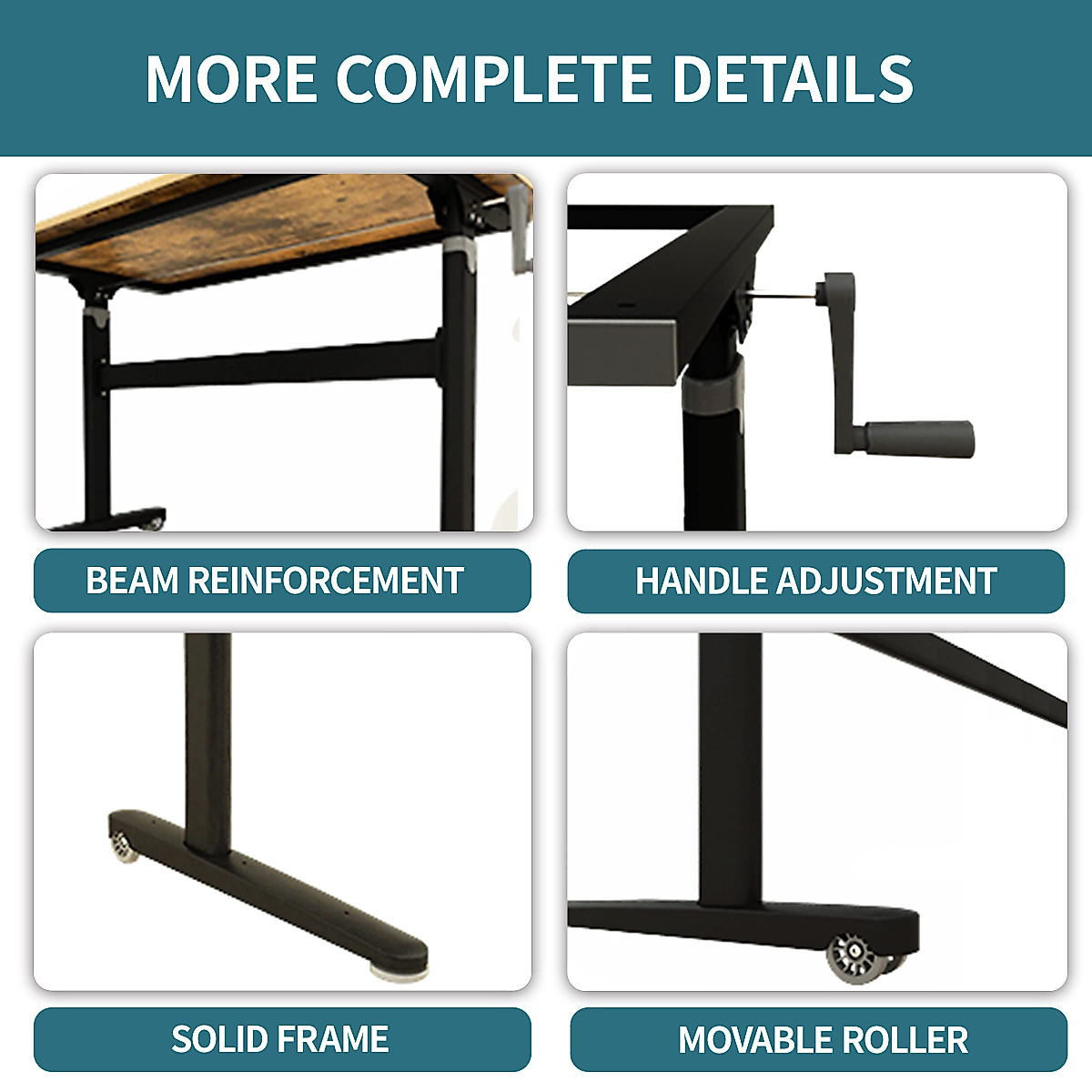 Win Up Time Manual Standing Desk Adjustable Height- Crank Mobile Standing Desk 48 x 24 Inches Sit Stand Desk Frame & Top, Stand Up Desk on Wheels, Computer Desk Black Frame & Rustic Brown