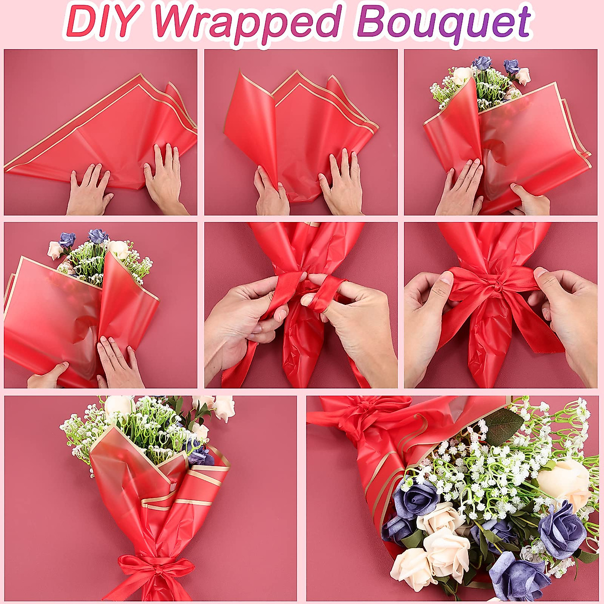 Yahenda 420 Sheet Flower Wrapping Paper Flower Bouquet Wrapping Paper Sheets with Gold Edge Korean Style Wrapping Paper for DIY Craft Gift Package Decoration Floral Supplies, 23 x 23 Inch (Elegant