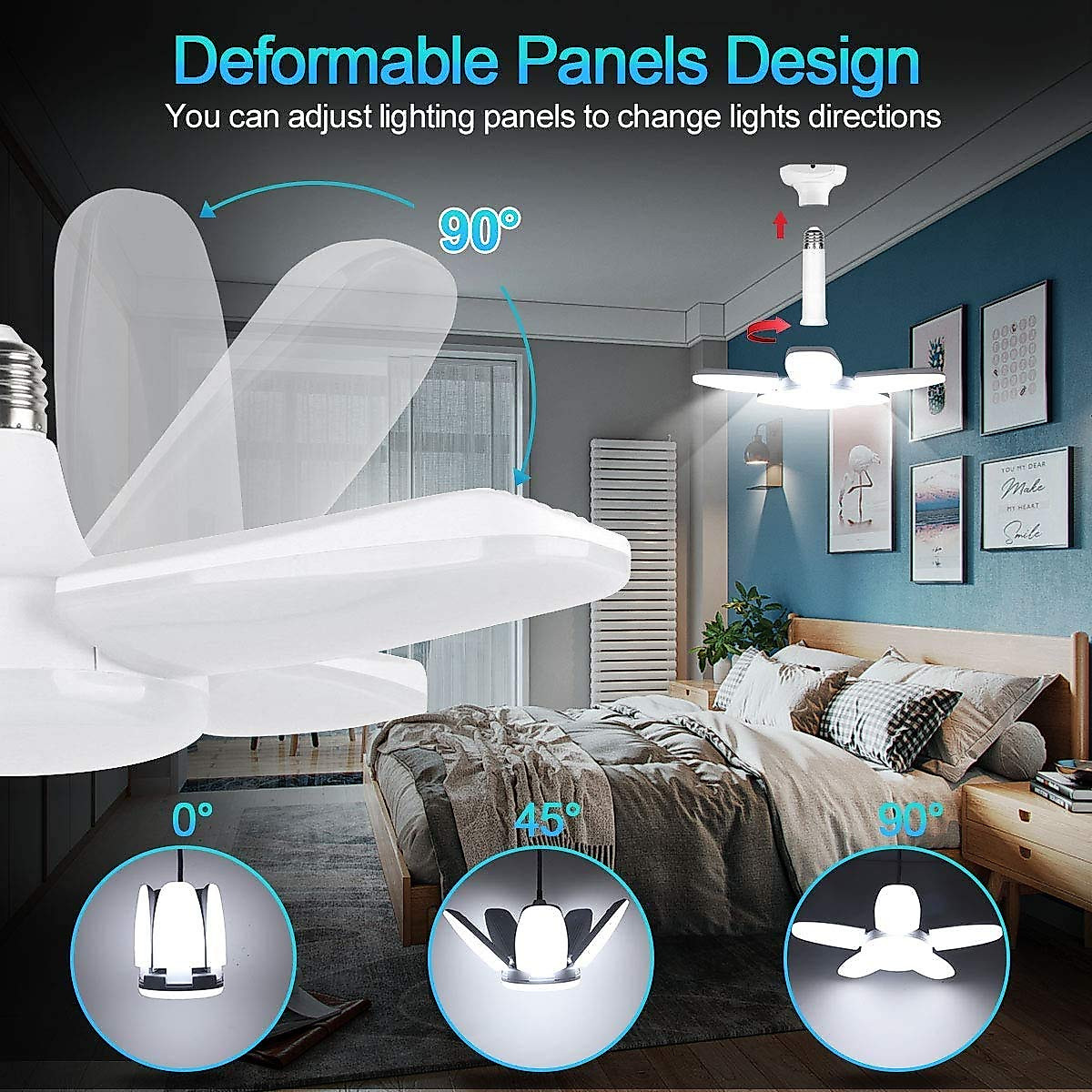 LED Garage Light 2 Pack 60W E26/E27 6000LM Deformable Ceiling Trilights LED Lights 6500K Daylight White Garage LED Bulb with 4 Adjustable LED Panels, Bay Lights for Warehouse Workshop Basement Barn