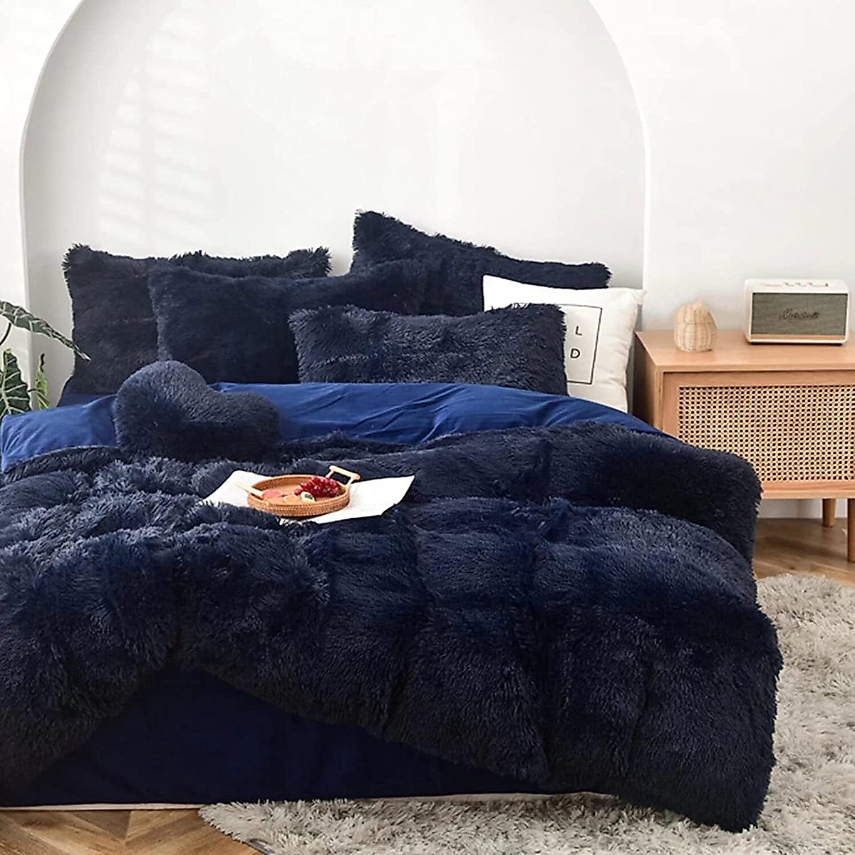 6Pcs Fluffy Faux Fur Duvet Cover Sets,Fuzzy Plush Shaggy Bedding Set(1Faux Fur Quilt Cover with Velvet Fabric Inner+1Flannel Flat Sheet+2 Shaggy Pillowcases+2 Heart Pillows) Zipper Closure Navy King
