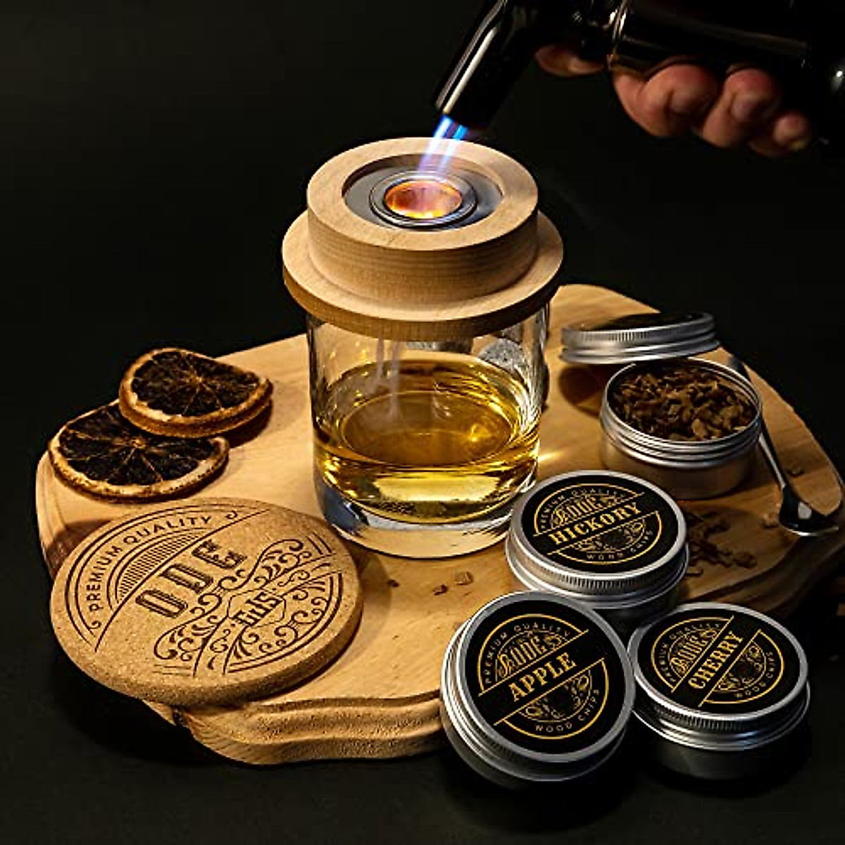 OdeGjs Premium Cocktail Smoker Kit - Includes 4 Wood Chips for Bourbon and Whiskey plus Drink Smoker Accessories Unique Gifts for Men and Women on all Occasions Including Torch No Butane