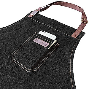 DingSay Trendy Denim Chef Apron with Pockets, Mens Womens Professional Kitchen Bib Black Apron for Cooking Grill BBQ Server, with Towel Loop and Adjustable Neck Straps