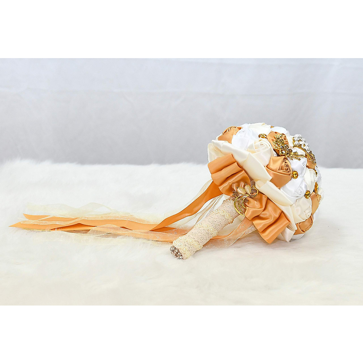 Abbie Home Advanced Customization Romantic Bride Wedding Holding Toss Bouquet Creamy White Rose Brooch with Pearls and Rhinestone Decorative brooches Accessories-(Champagne + White + Ivory)