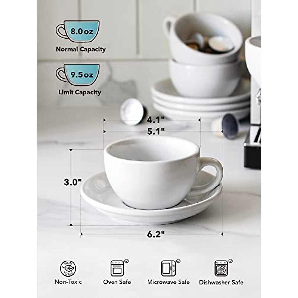 LE TAUCI 6 oz Cappuccino Cups with Saucers，Ceramic Coffee Cup for Au Lait, Double shot, Latte, Cafe Mocha, Tea - Set of 4, White