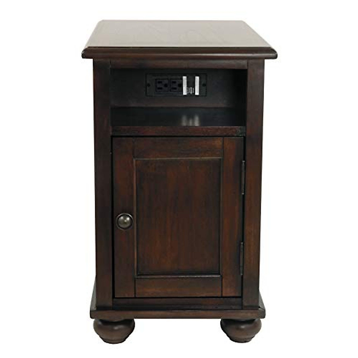 Signature Design by Ashley Barilanni Traditional Chair Side End Table with 1 Storage Cubby, 2 Fixed Shelves, 2 USB Ports & Outlets, Dark Brown