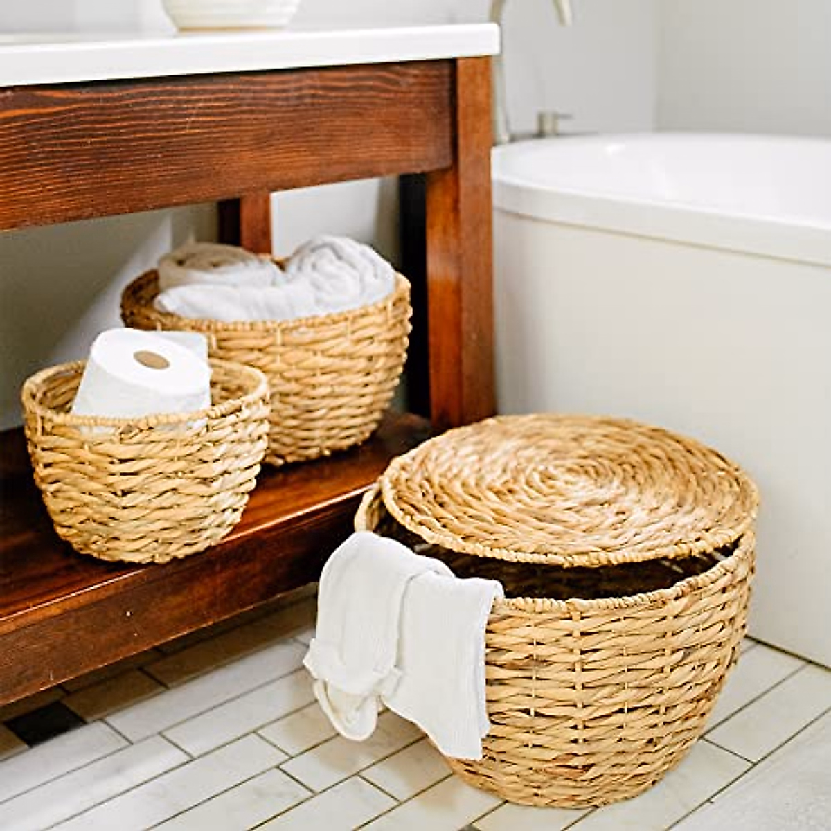 Artera Wicker Storage Basket - Set of 3 Natural Woven Blanket Basket, Decorative Side Table