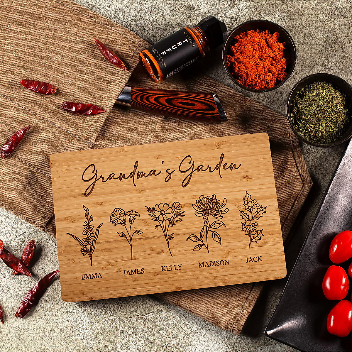 GRANDMA'S GARDEN, Personalized Cutting Board with Birth Flower Design, 9X6", Mothers Day Gifts for Grandma, Custom Engraved Gifts for Mom, Grandma - Grandma Gifts Ideas - 5 Names