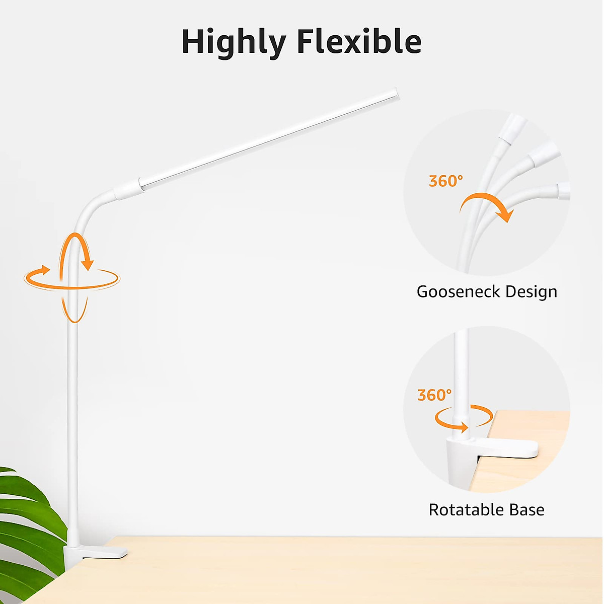 Lepro Clip on Desk Lamp LED Reading light Dimmable USB Clamp Lamp with 3 Color Modes 10 Brightness, Adjustable Flexible Gooseneck Table Light for Bed Headboard, Workbench, Home Office, Computer, White