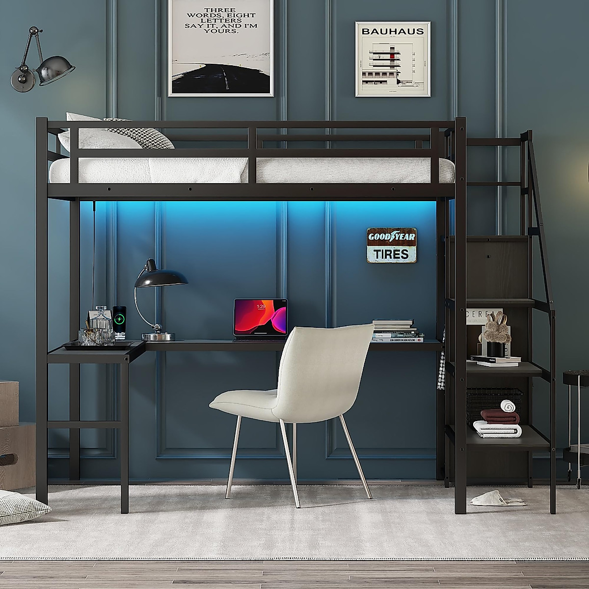 Full Size Metal Loft Bed with Desk and Wardrobe,Heavy Duty Loft Bed Frame with Storage Stairs,LED Loft Bed Full with Charging Station, Space Saving Loft Bed Full for Kids,Teens,Adults,Black