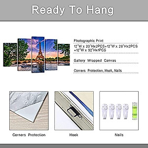 Canvbay 5 Piece Large Eiffel Tower Canvas Wall Art France Paris Cityscape in Sunset Picture Painting Architecture Scene Photo Poster Wall Decor Famous Landmark Scenic Artwork Prints Framed for Living Room Bedroom Decor