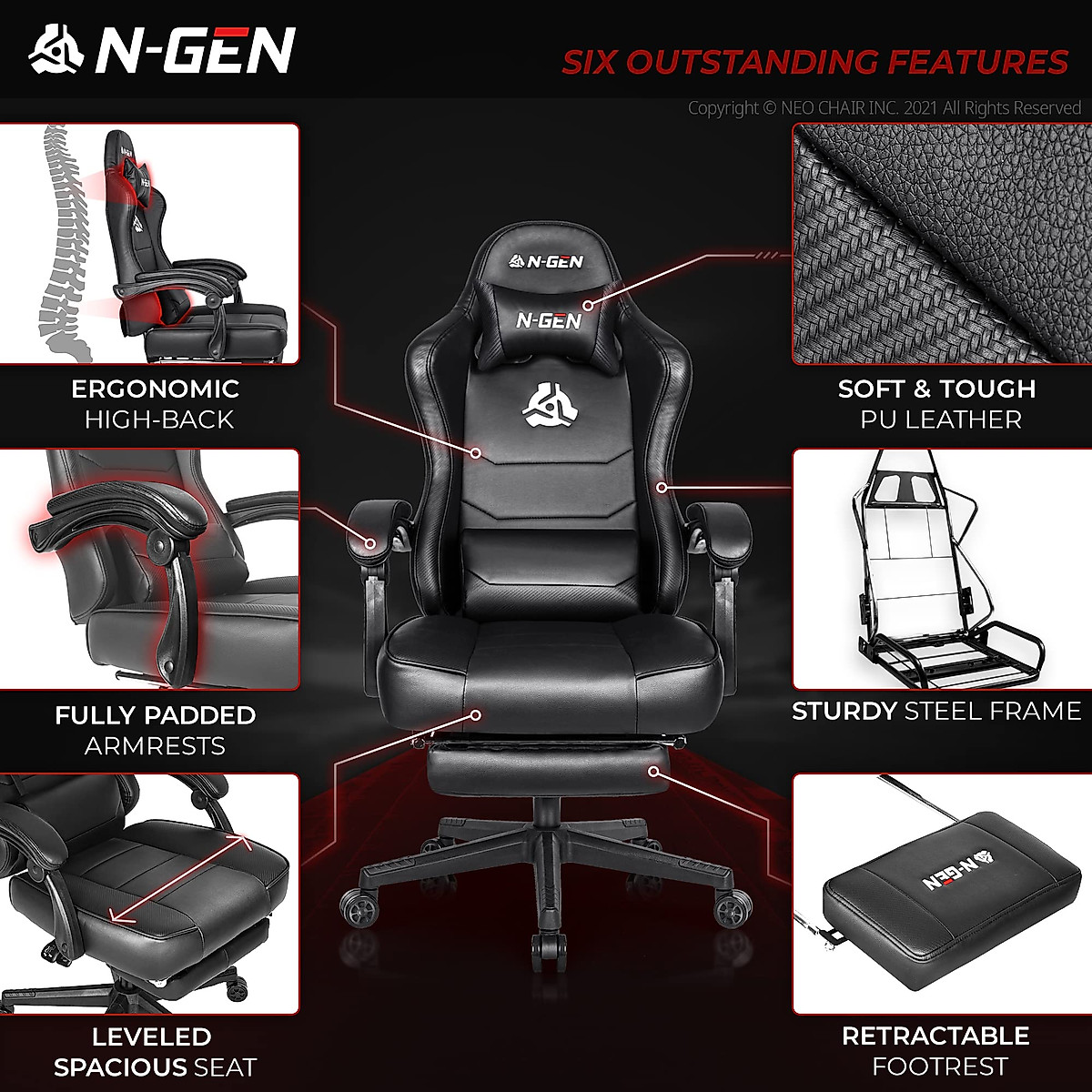 N-GEN Gaming Chair with Footrest Levelled Seat PU Leather Adjustable Ergonomic Lumbar Support High Back Office Swivel Computer Desk Headrest E-Sports PC Gamer Height Reclining (3. Black)