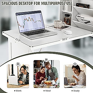 LDAILY Moccha Foldable Wall Mounted Table w/Classified Storage Space, Multiple-Purpose Desk, Sturdy Wood Structure, Floating Convertible Desk/Cabinet, Ideal for Home, Apartment, Narrow Place (White)