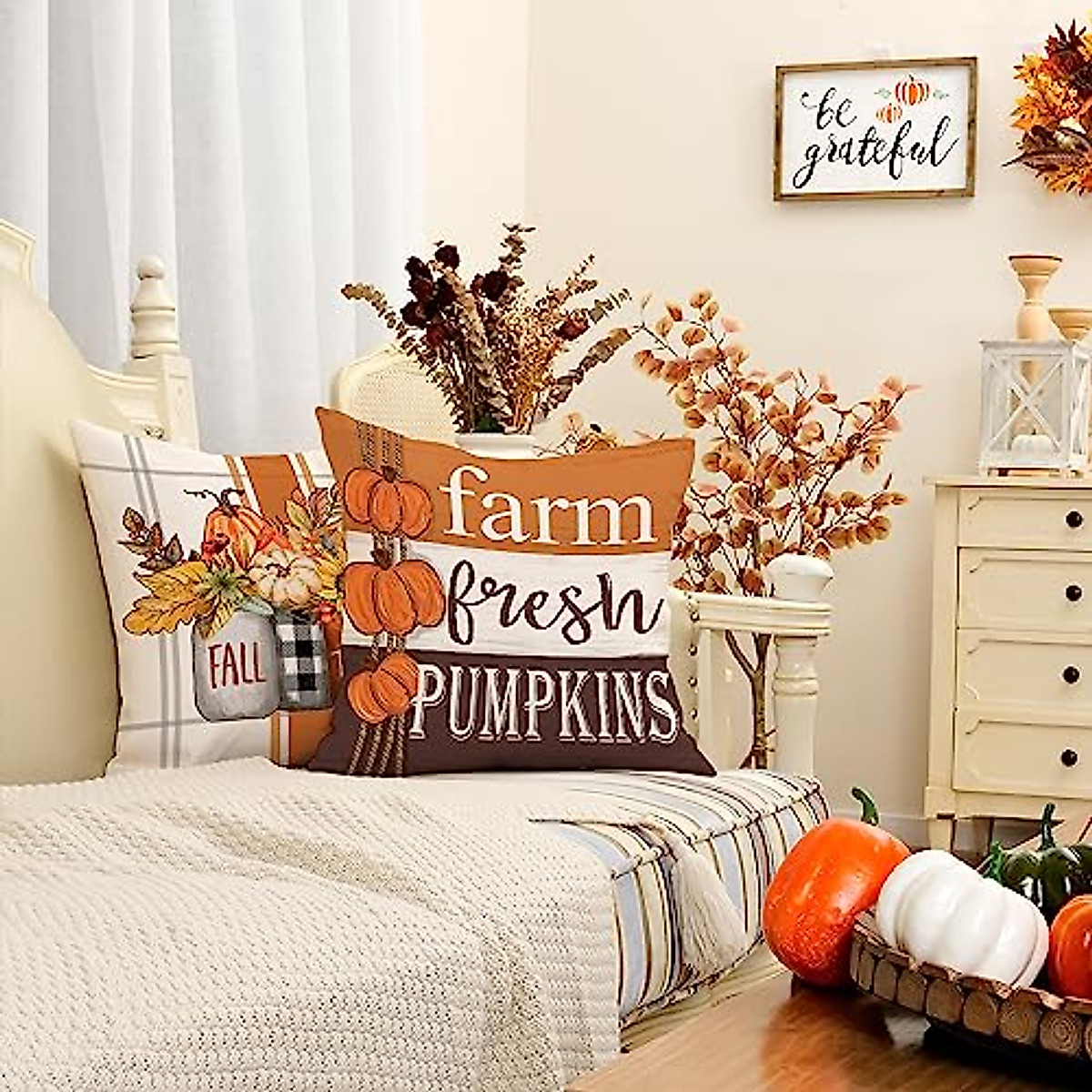 GEEORY Fall Pillow Covers 18 x 18 Inch Set of 4, Happy Fall Y'all Stripes Pumpkins Mason Jar Thankful Decor, Cushion Cases for Farmhouse Home Party Sofa Couch (Brown) G355-18