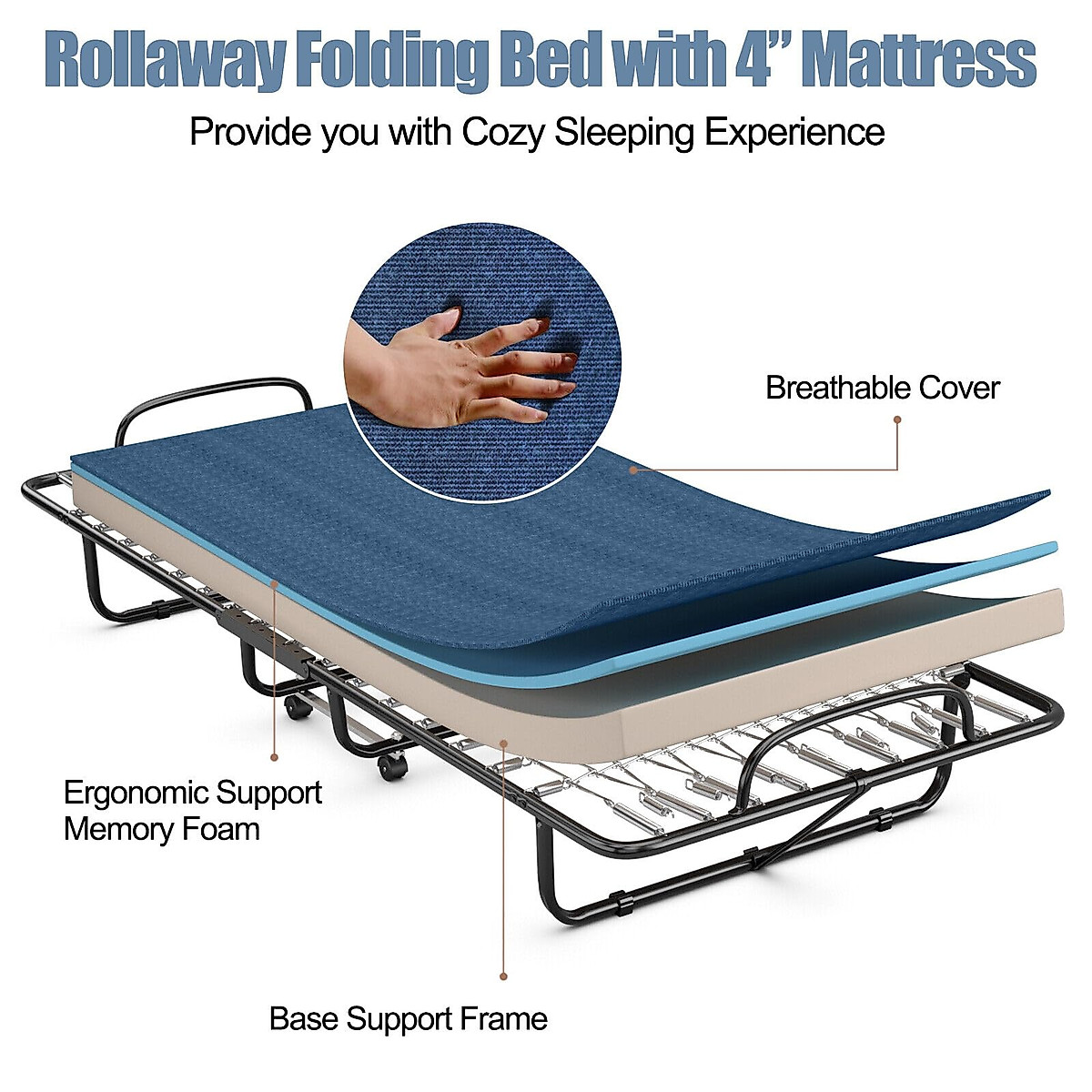 Giantex Folding Bed with 4" Mattress for Adults, Made in Italy, Twin Size Roll away Portable Guest Bed, Memory Foam Mattress, Foldable Bed w/Metal Frame on Wheels, Easy to Store, Blue