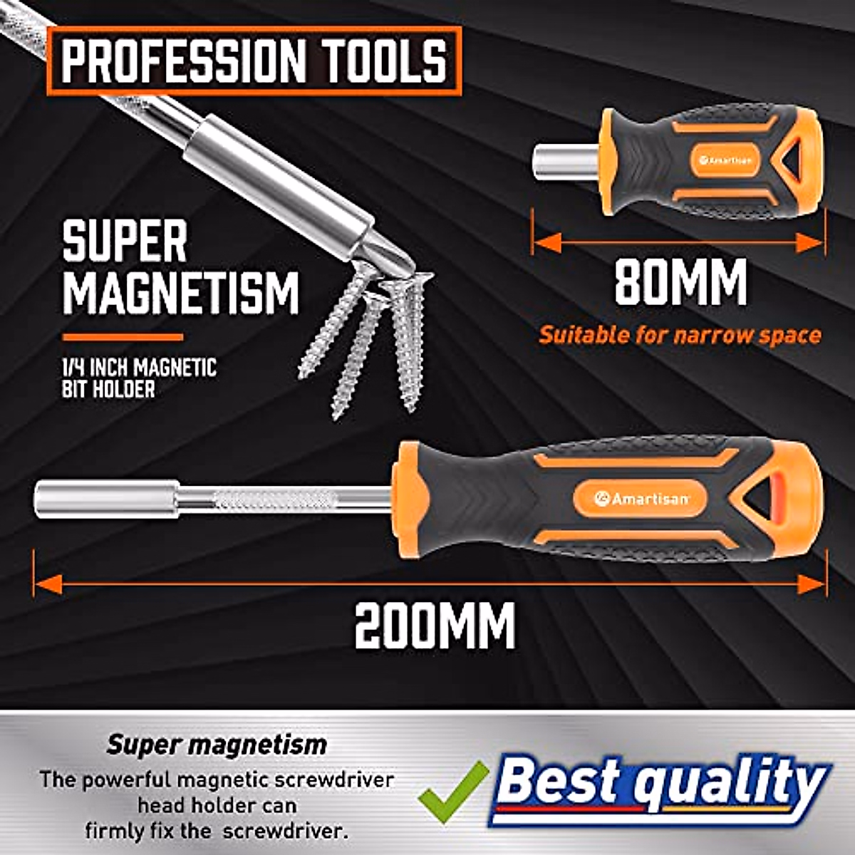Amartisan 2-Piece 1/4" Bit Driver Magnetic Screwdriver Bit Holder, 200mm and 80mm Long, Screwdriver Handle for Magnet Tip
