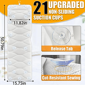 POOIKTFY Full Body Bath Pillow(50.79 x 15.75”x 0.9”),5D Air Mesh & Quick Drying, Bath Pillows for tub & 21 Non-Slip Suction Cups, Spa Bathtub Pillow for Head Neck Shoulder Support (White)