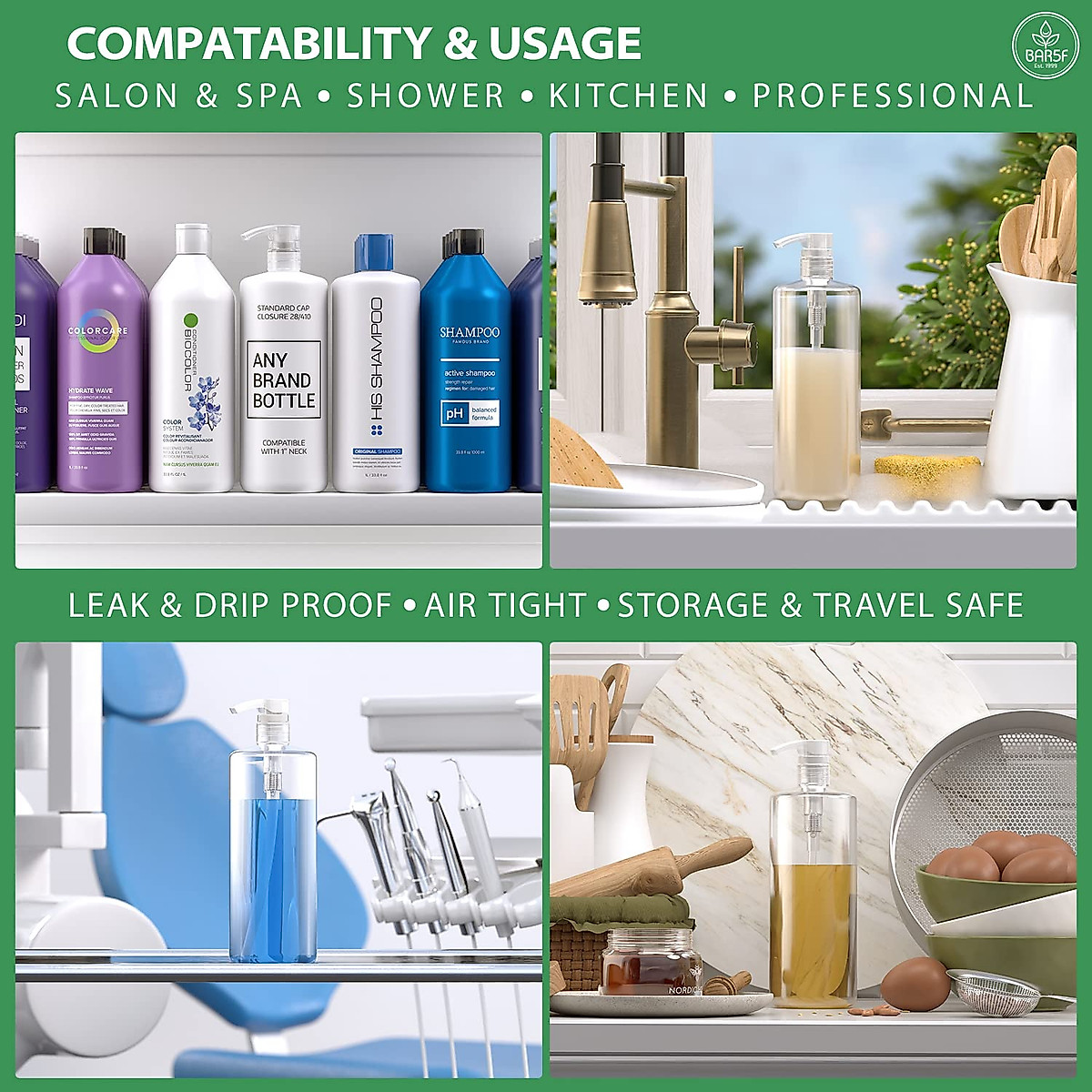 Bar5F Universal Shampoo/Conditioner Dispenser Pump for 1 Liter (33.8 Oz) Bottles - Natural Clear, Pack of 2