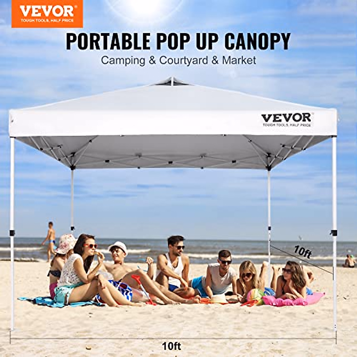 VEVOR Pop Up Canopy Tent, 10 x 10 ft, 250 D PU Silver Coated Tarp, with Portable Roller Bag and 4 Sandbags, Waterproof and Sun Shelter Gazebo for Outdoor Party, Camping, Commercial Events, White