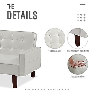 IULULU Futon Sofa Bed, Modern Convertible Faux Leather Sleeper Couch with Armrests for Studio, Office, Apartment, Compact Living, Game Room, Overnight Guests, White