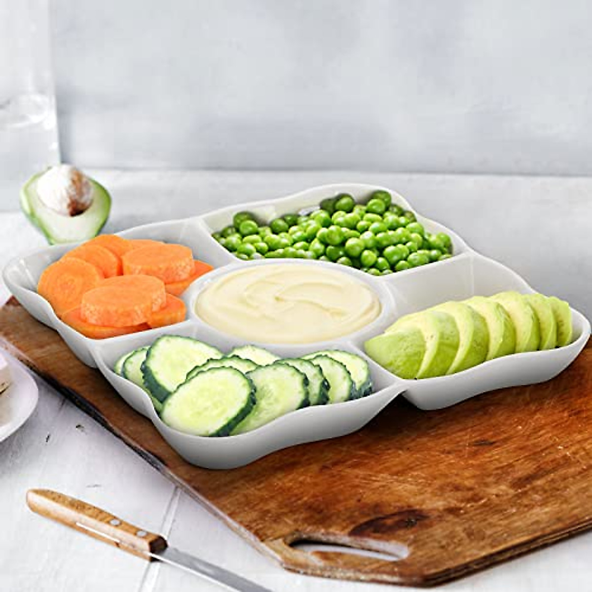 Okllen 3 Pack Porcelain Divided Serving Tray, White Appetizer Tray Platter for Chips and Dip, 5 Compartments Decorative Fruit Veggie Tray Candy Snacks Dishes, Square, 9.5" L x 9.5" W x 1" H