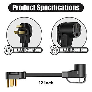RSTACHOLY NEMA 10-30P to 14-50R Adapter, 3 Prong 30 Amp Dryer to 50 Amp EV Dryer Adapter, EV Charger Adapter for Level 2 EV Charging 3FT