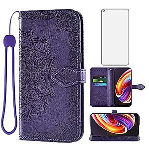 Compatible with OPPO Reno 7 Pro 5G Wallet Case and Tempered Glass Screen Protector Leather Mandala Flower Flip Cover Credit Card Holder Cell Accessories Phone Cases for Reno7 7Pro 5G Women Men Purple
