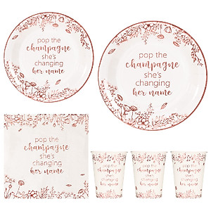 Crisky Rose Gold Bachelorette Napkins Plates Cups Set for Bridal Shower Wedding Engagement Party Decorations Supplies, Disposable Tableware Set of 24 (Pop, She is Change Her Name)