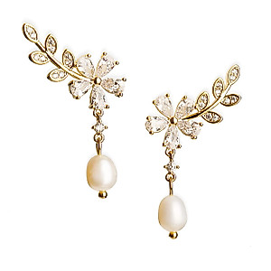 Sonateomber Gold Pearl Flower Leaf Ear Crawler Stud for Women Spring Jewelry Gifts