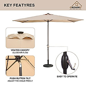 CASAINC 6.5 X10 FT Solar LED Rectangular Patio Umbrella Market Table Umbrella Outdoor Aluminium Umbrella with Push Button Tilt and Crank for Garden Lawn Deck Backyard Pool-Beige
