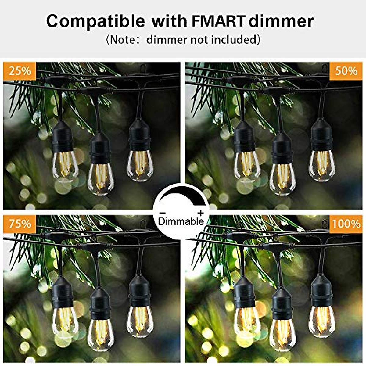 FMART LED Outdoor String Lights, 2*48FT(96FT Total) Hanging Lights Dimmable Commercial Grade UL ETL Listed Waterproof, 2X16 Sockets 2W 2700K Shatterproof Edison S14 Bulbs(2 Spare) Heavy Duty Lights