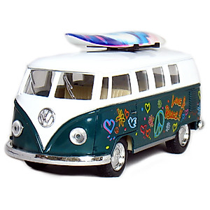 Set of 4 Vehicles: 5" 1962 VW Classic Van Flowers with Surfboard (Red, Green, Maroon and Yellow)