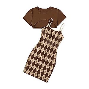 Verdusa Women's 2 Piece Outfit Argyle Print Bodycon Cami Dress with Crop Tee Top Brown S
