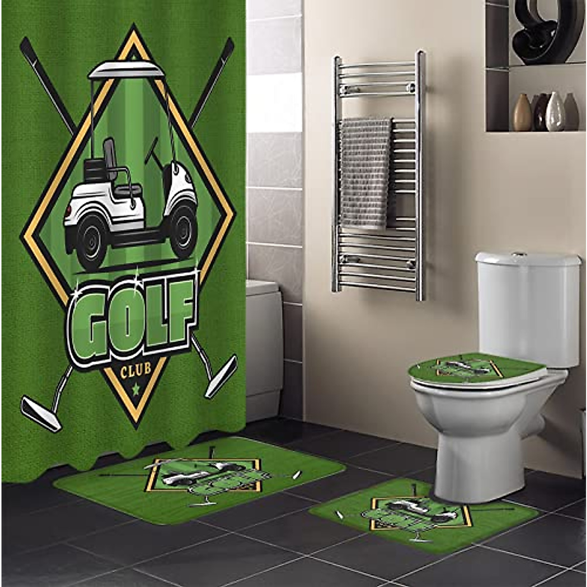 Wohnkutu 4Pcs Bathroom Shower Curtain Set, Balls Sports Theme Bathroom Accessory Shower Curtain Rugs Set, Golf Cart Golf Club Green Ball Field Non-Slip Bath Mat, Toilet Lid Cover, 72"x72"+Samll Set