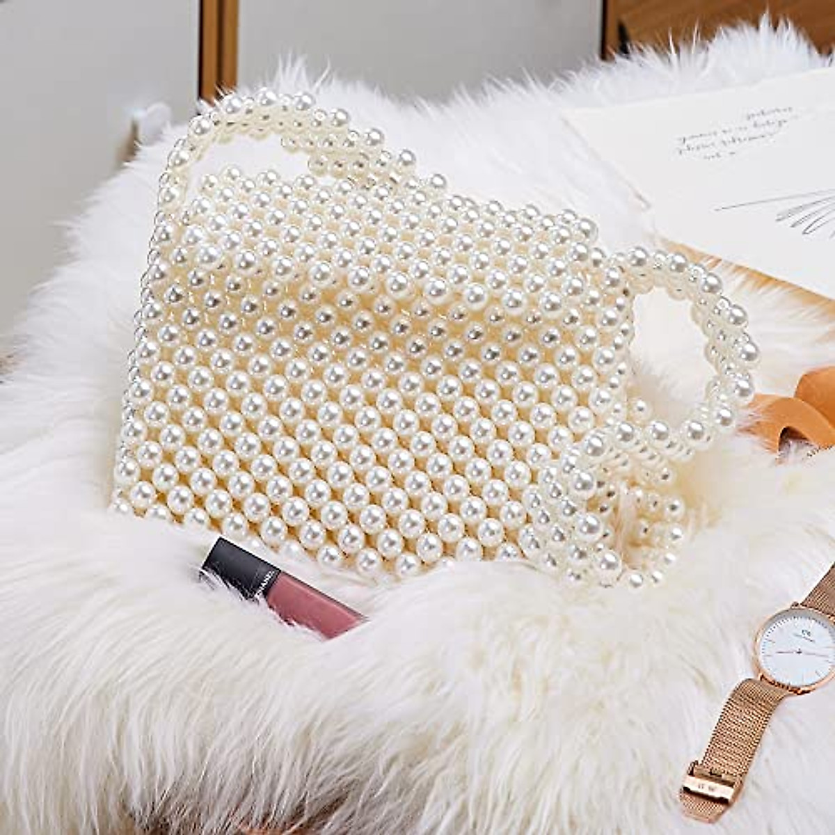 Grandxii Women Shoulder Bag Pearl Purse Tote bag Handmade Weave Beaded Bag Evening Party Bag
