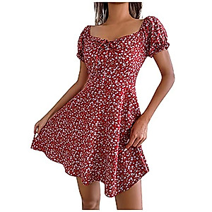 Flowy Dresses for Women, Flattering Dresses to Hide Tummy Western Dress Women's Cocktail Size 8 Women's Spring and Summer Casual Flare Sleeve Drawstring Lace-Up Floral Dress (XL, Red)