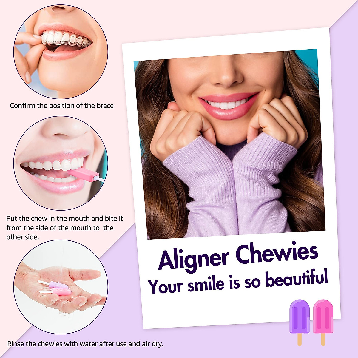 Chewies for Invisalign Aligner, 4 PCS Popsicle Silicone Chewies with Grip Handles, for Invisible or Metal Braces Aligner Munchies, 2 Grape Flavor and 2 Peach Flavor