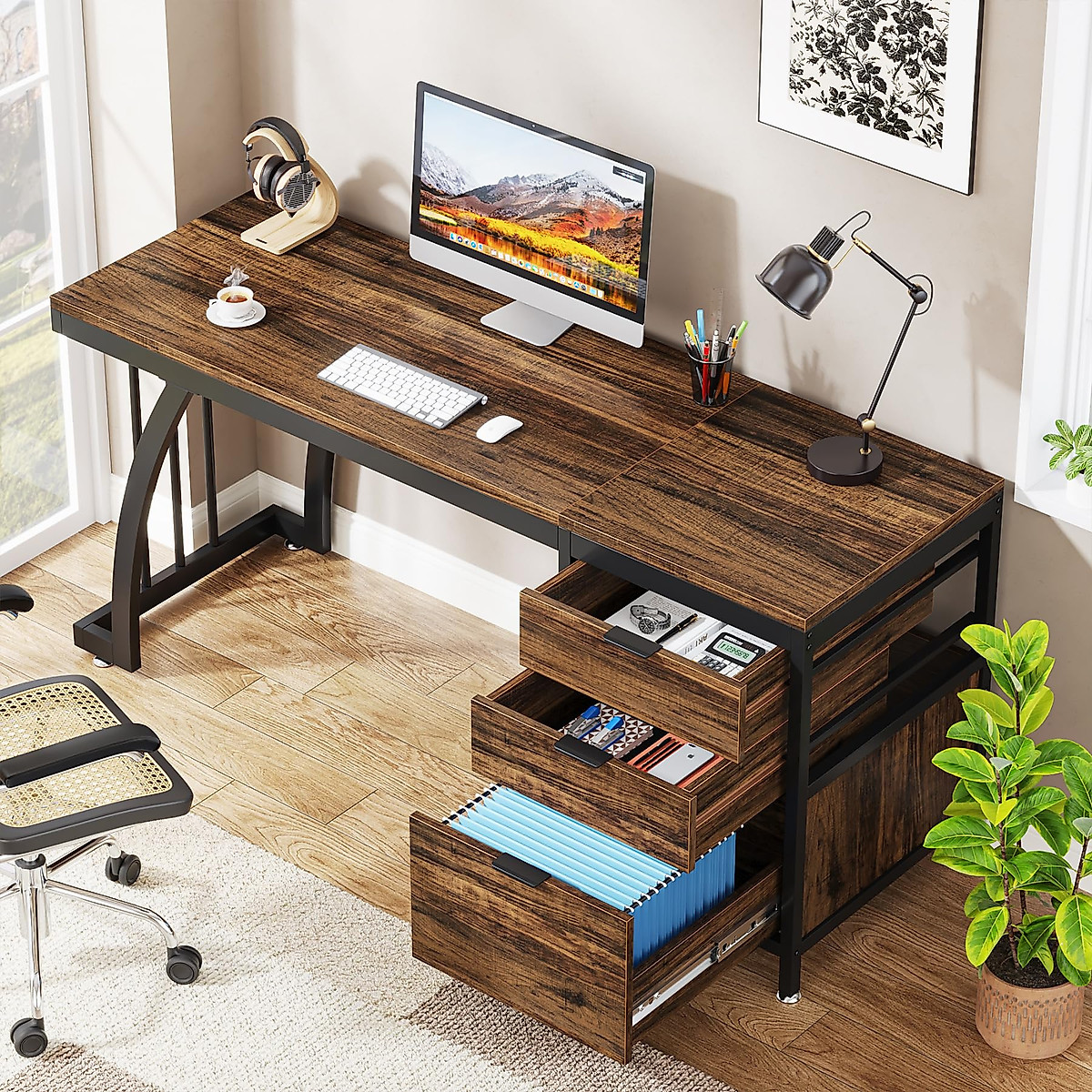 Tribesigns Computer Desk with 3 Drawers, 59-Inch PC Desk with Reversible Drawers, Industrial Study Writing Table Workstation with File Storage for Home Office, Rustic Brown
