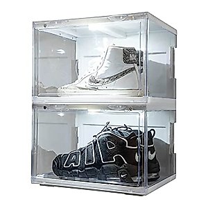 STAHMFOVER 2-Pack LED Sneakers Boxes-Voice Control,Stackable Clear Shoe Display Cases-Easy Access,Plastic Collection Storage Containers with Lids, Magnetic Open Shoe Organizer (WHITE)