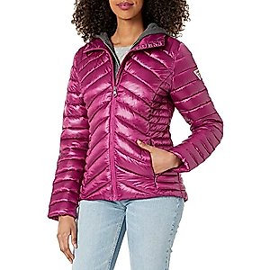 GUESS womens Hooded Packable Puffer Transitional Jacket, Magenta, Small US