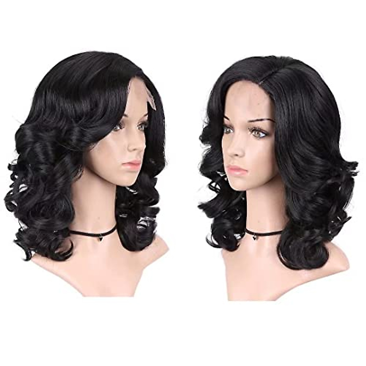 Lady Miranda Loose Wave Lace Part Wig Pure Color Nature Curly Synthetic Heat Resistant Weave Full Wigs for Women(Black)