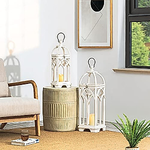 Glitzhome Farmhouse Decorative Lanterns Wooden Candle Lantern Church Window Frame Lanterns for Wedding Mantle Entryway Home Patio Balcony Garden, Pack of 2, Wash White, No Glass