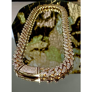 Mens 14k Gold Finish 12mm Miami Cuban Link Chain Choker Necklace Iced Round Set Cuban Chain for Men, Miami Cuban Link Chain Choker Necklace Real Solid Cuban Choker, Cuban necklace 20 Inches